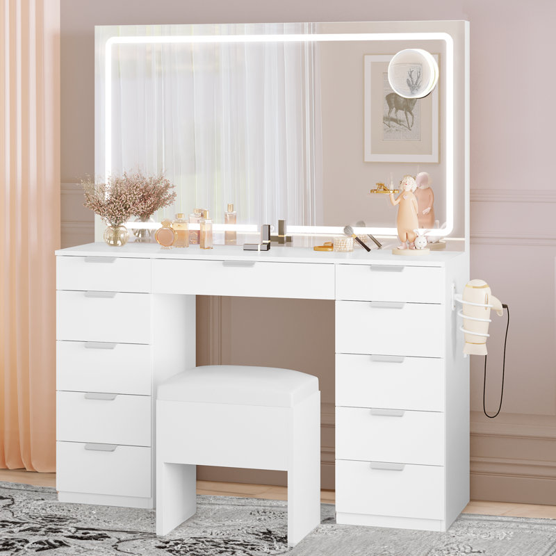 Cassanda 46 Vanity With Built in Socket With Illuminated Mirror and Hair Dryer Rack White